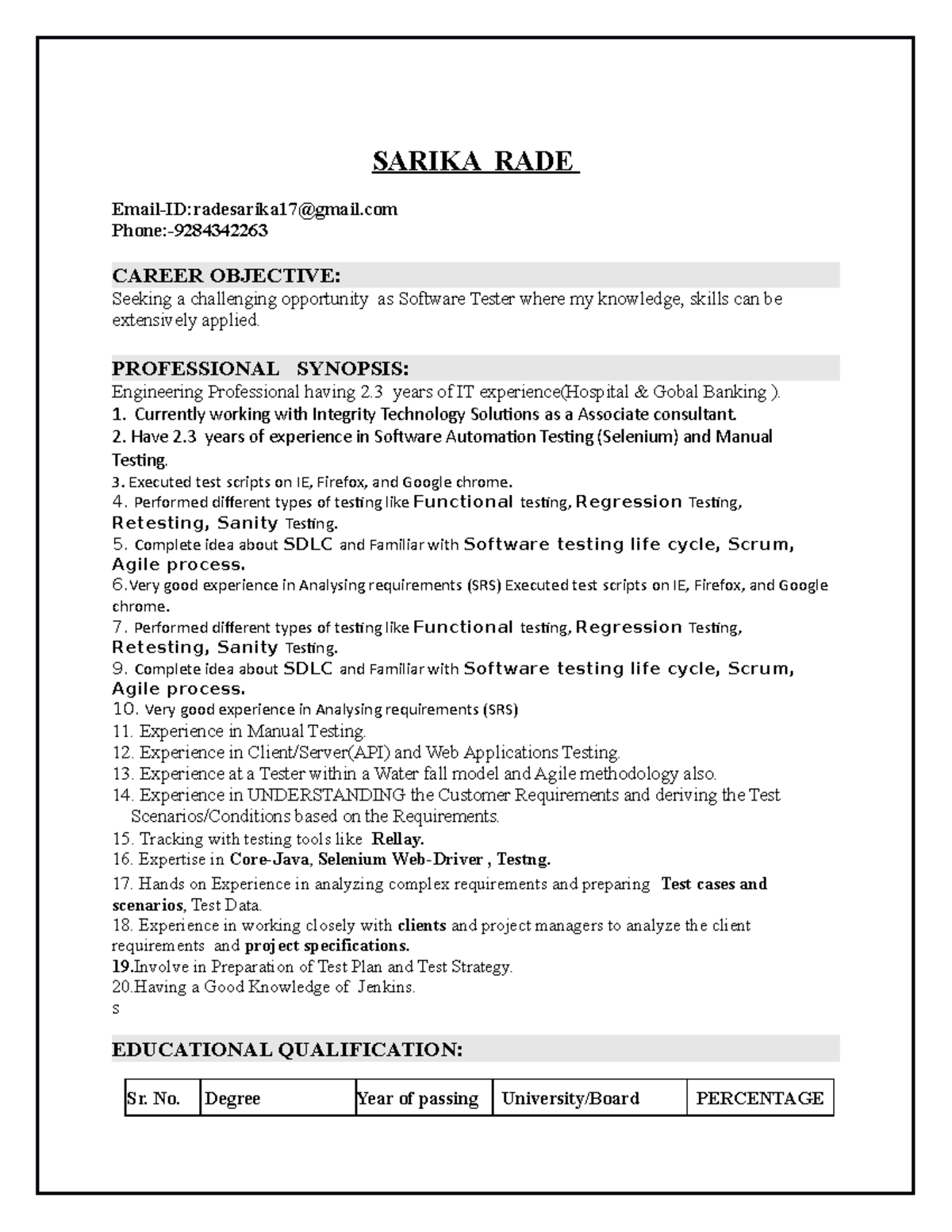 Sarika Resume Updated - jysjs - SARIKA RADE Email-ID:radesarika17@gmail Phone:- CAREER OBJECTIVE ...