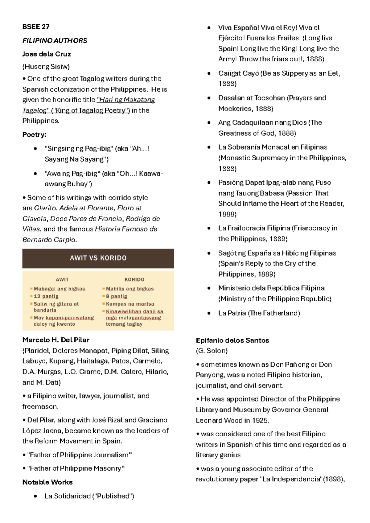 F&I Authors - BSEE 27 FILIPINO AUTHORS Jose dela Cruz (Huseng Sisiw ...