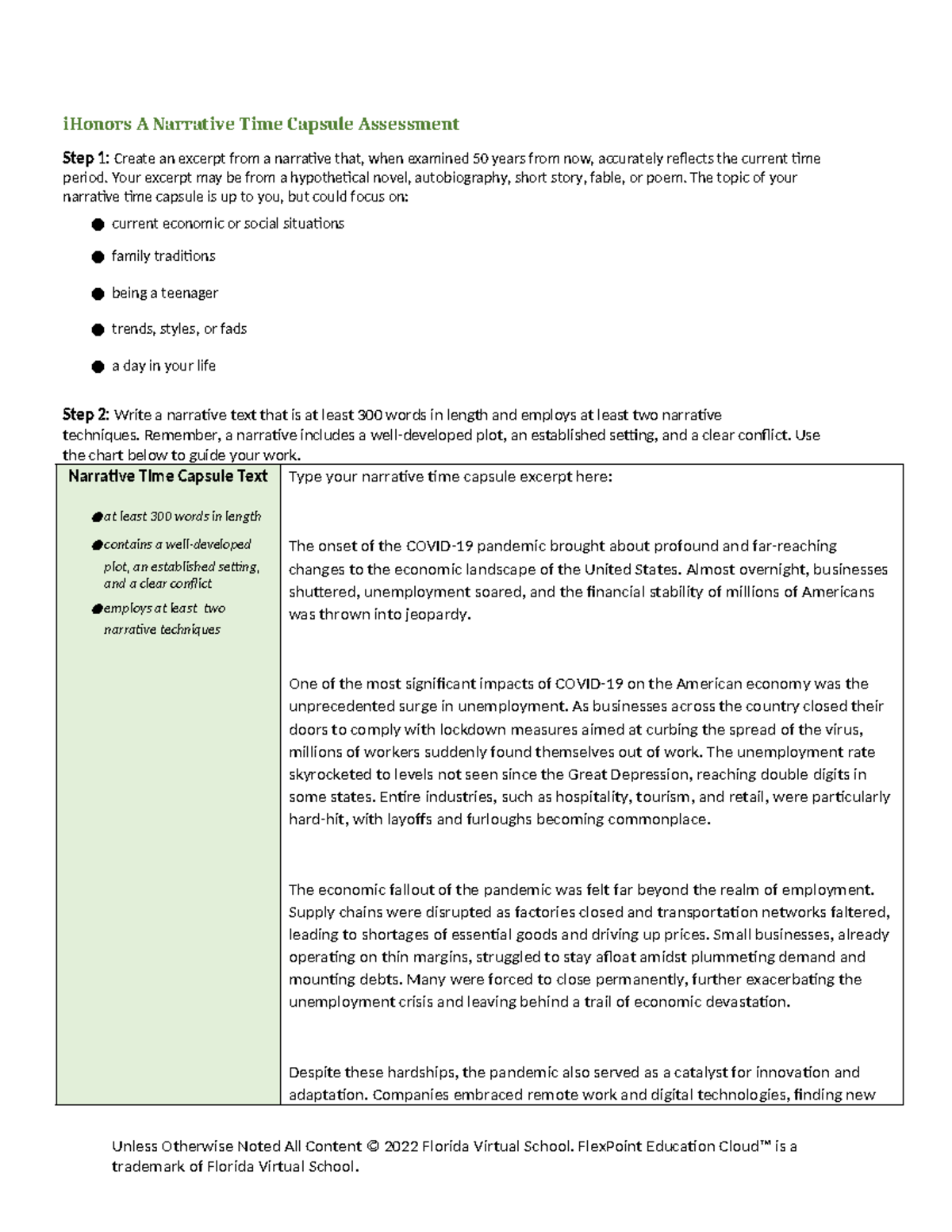 Narrative time capsule assess rubric - iHonors A Narrative Time Capsule ...
