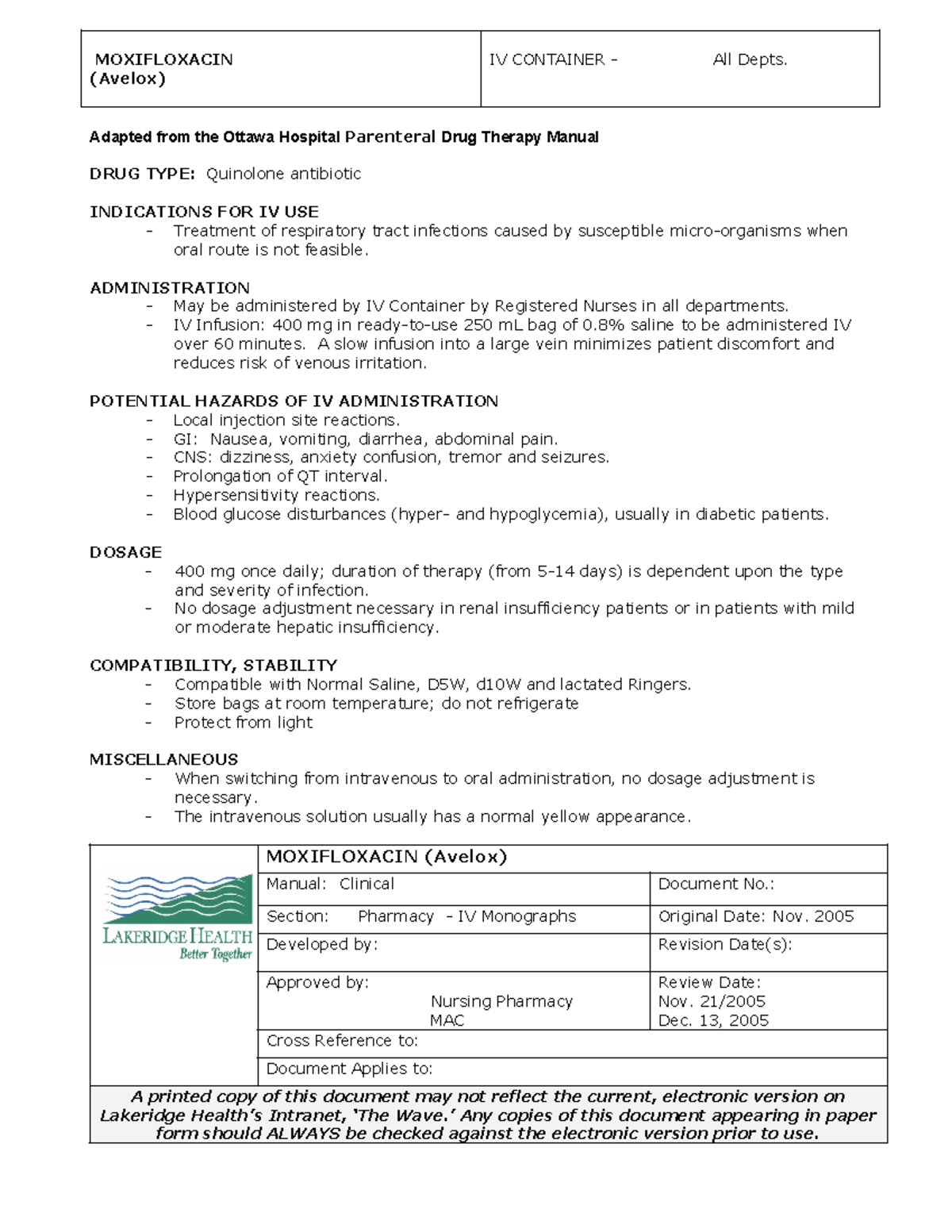 Avelox - Monograph - MOXIFLOXACIN (Avelox) IV CONTAINER - All Depts ...