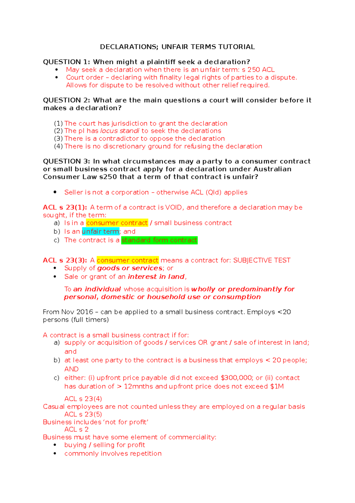 Week 9 Tutorial - week9 - DECLARATIONS; UNFAIR TERMS TUTORIAL QUESTION ...