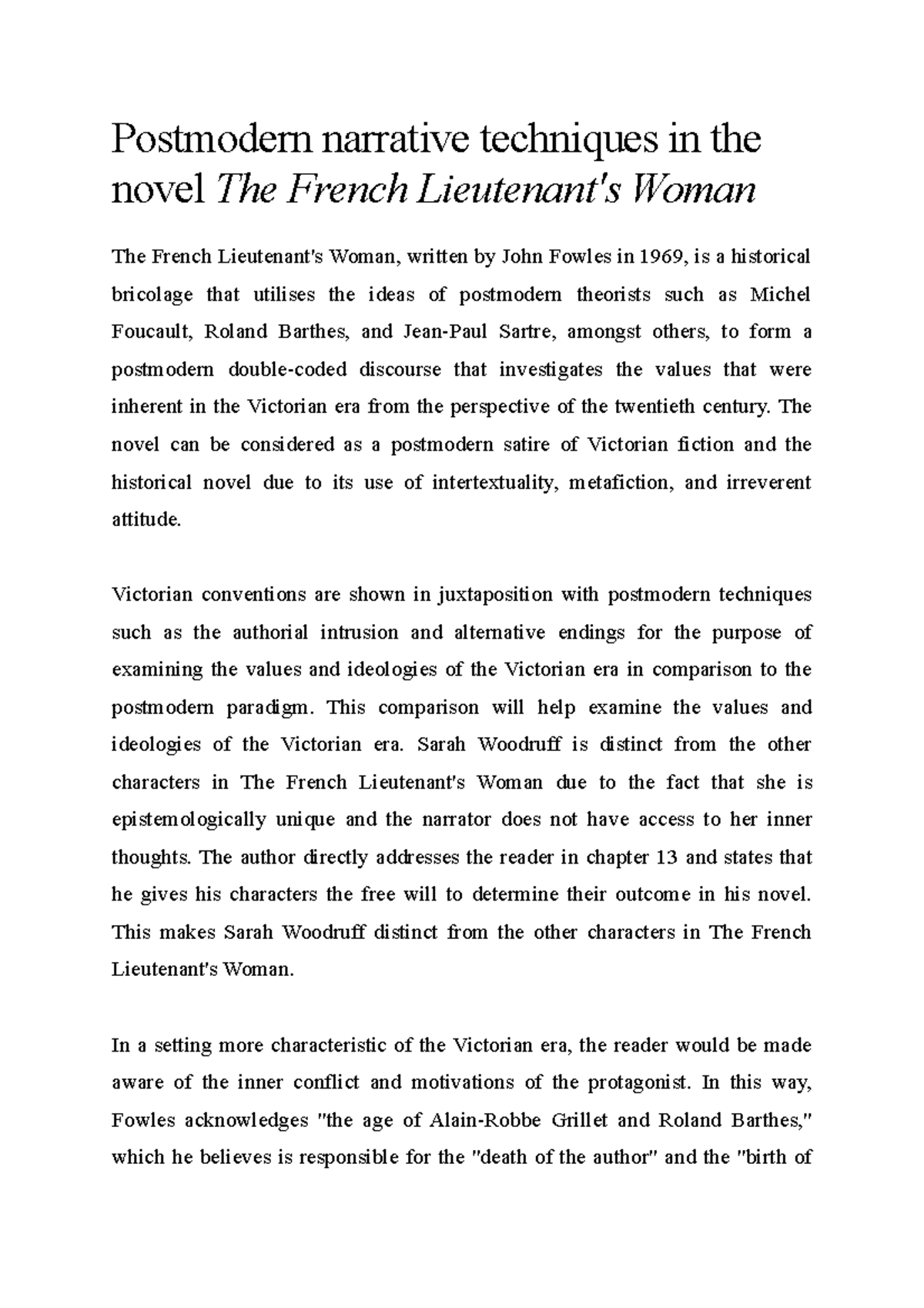 Postmodern narrative techniques in the novel The French Lieutenant's ...