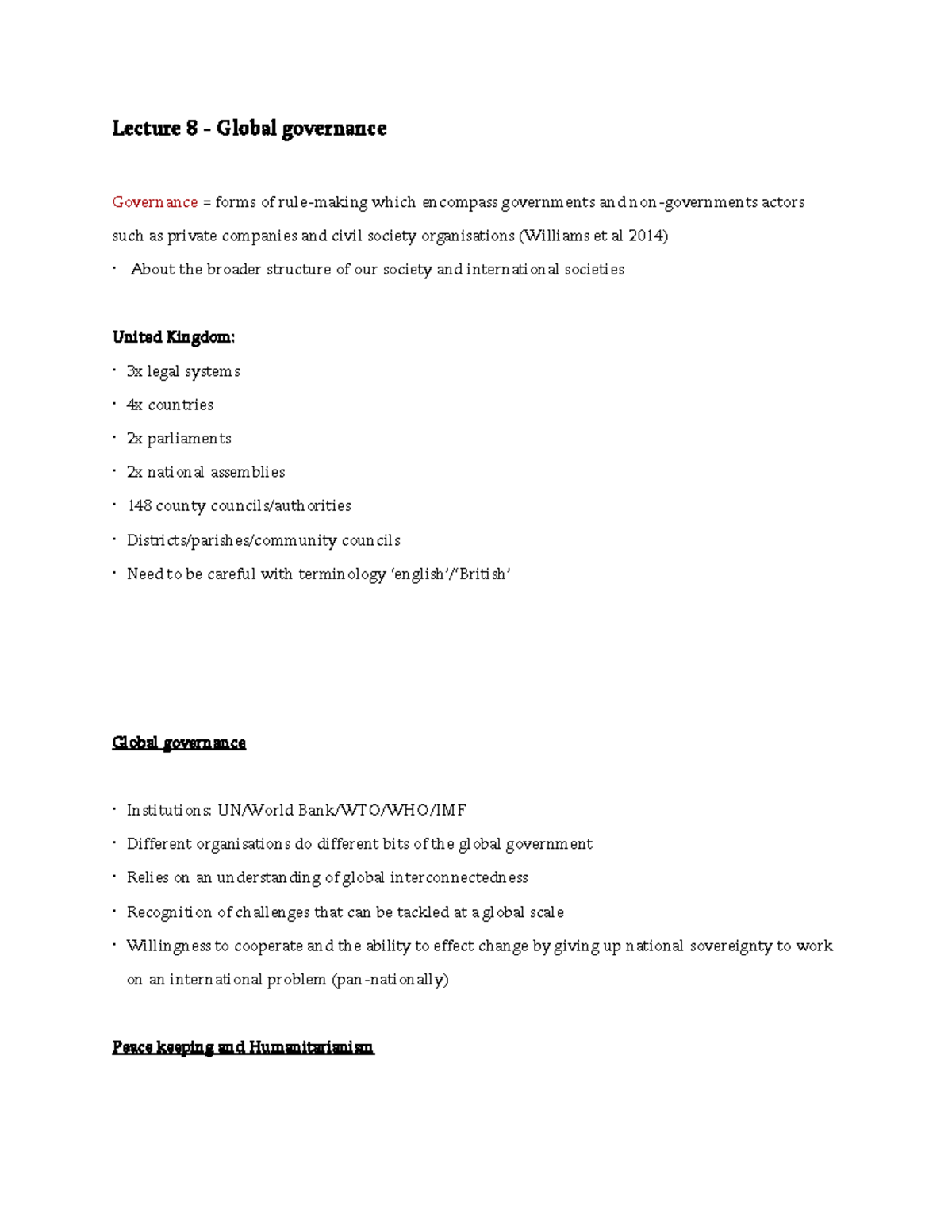 8 Global governance - Lecture notes 8 - Lecture 8 - Global governance ...