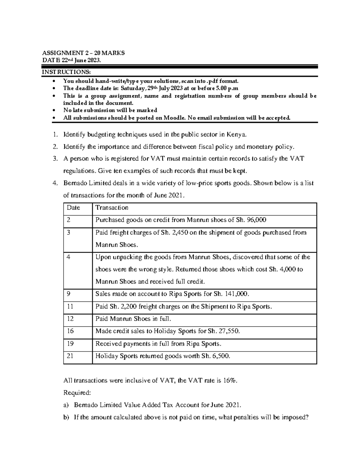 Assignment TWO - assingment - ASSIGNMENT 2 – 20 MARKS DATE: 22 nd June ...