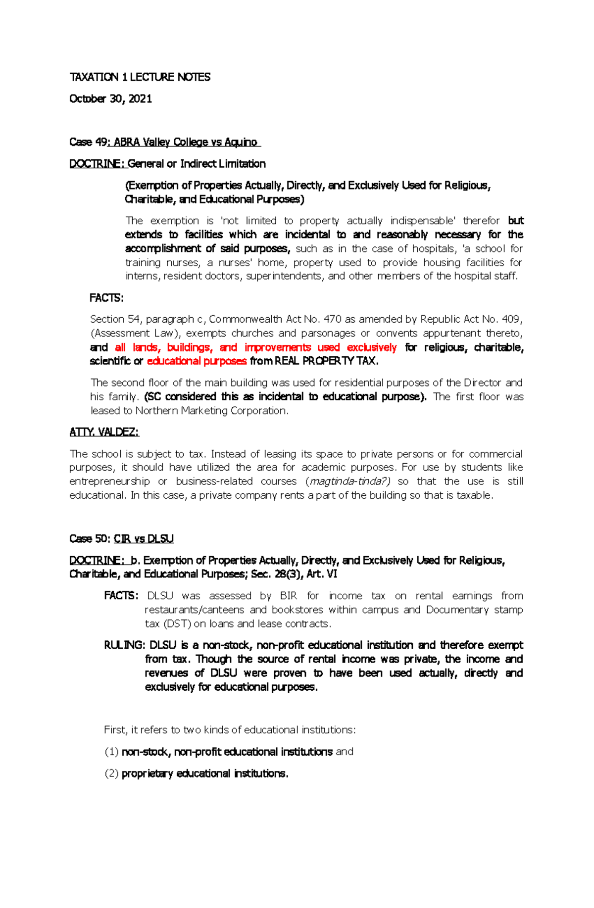 Lecture Notes in Tax 1 October 30 2021 - Accountancy - Studocu