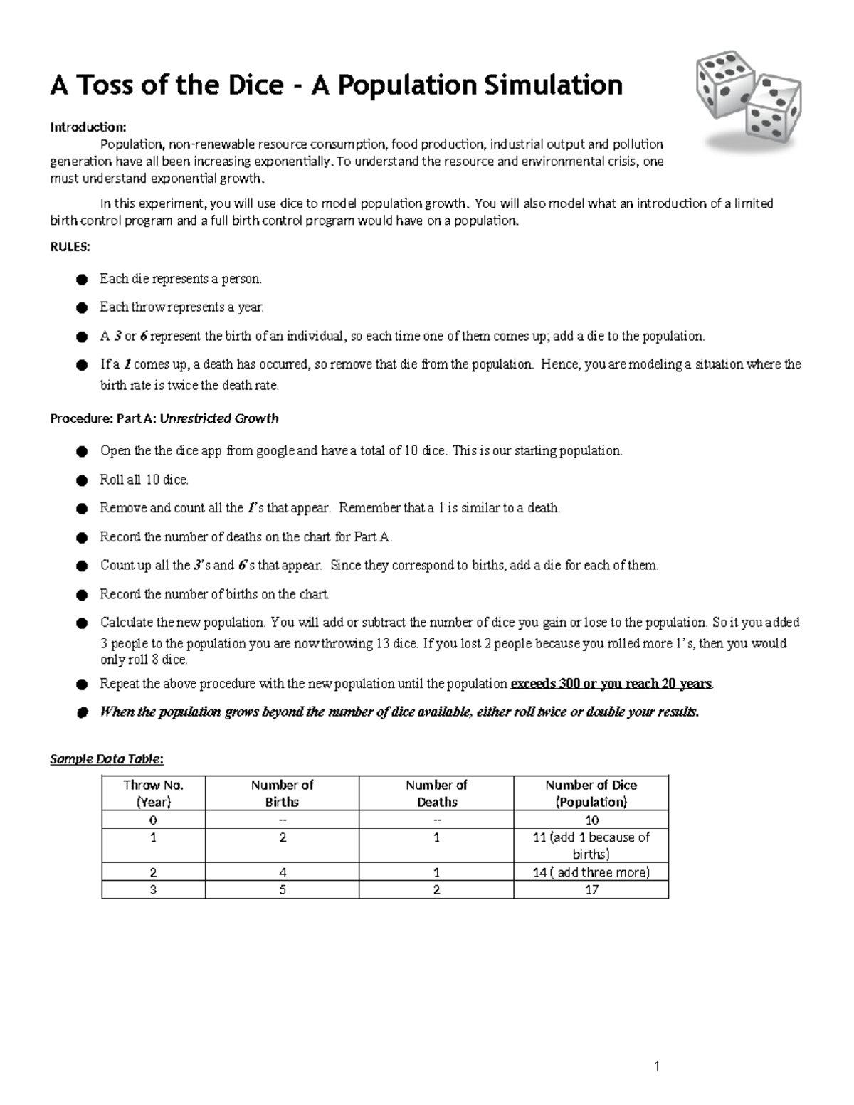 Toss the Dice Lab - 2024 - Easy and helpful - A Toss of the Dice - A Population Simulation - Studocu