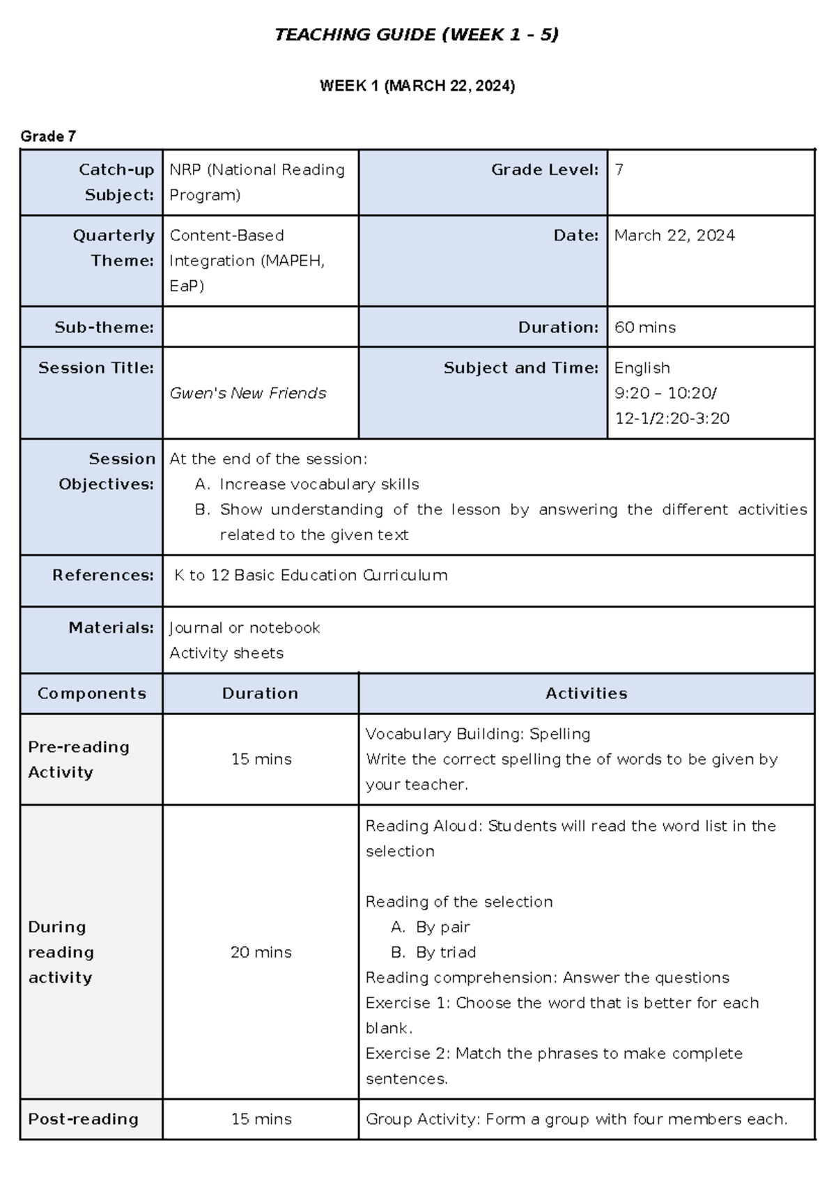 Teaching- Guide - For NSTP - CWTS - TEACHING GUIDE (WEEK 1 - 5) WEEK 1 ...