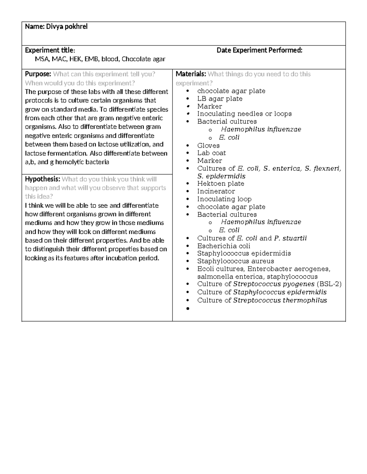MSA, MAC, HEK, EMB, blood, chocolate - Name: Divya pokhrel Experiment ...