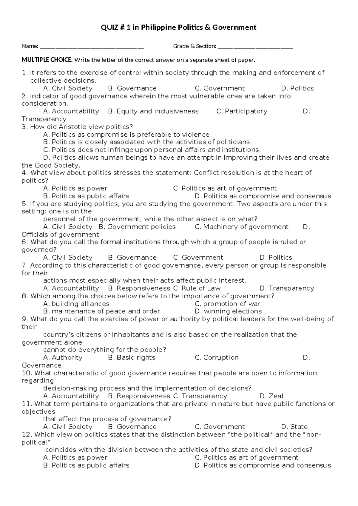 PPG Quiz #1 - QUIZ # 1 in Philippine Politics & Government Name: - Studocu
