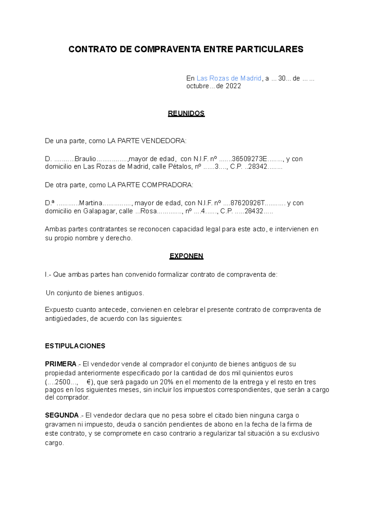 Ejemplo de Contrato de compraventa - CONTRATO DE COMPRAVENTA ENTRE ...