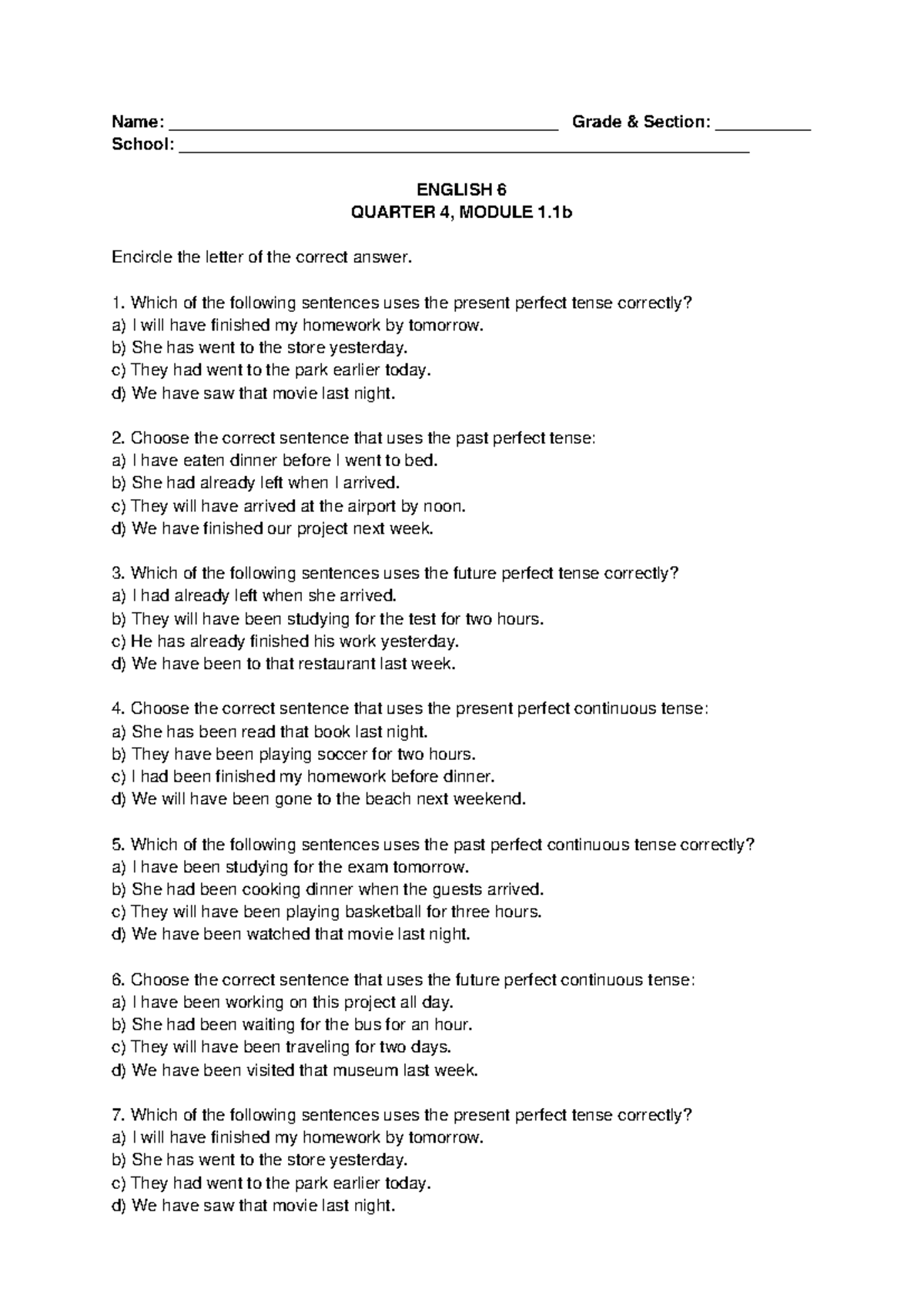 English-MOD-1.1B - ineed it - Name: _________________________________________ Grade & Section ...