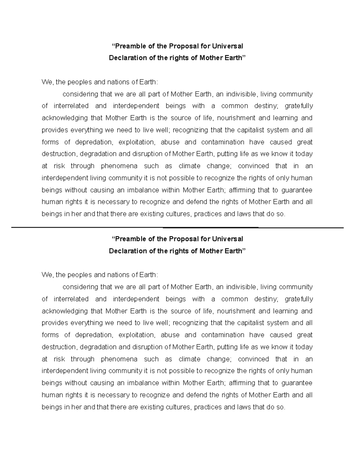 Preamble mother earth - English notes - “Preamble of the Proposal for ...