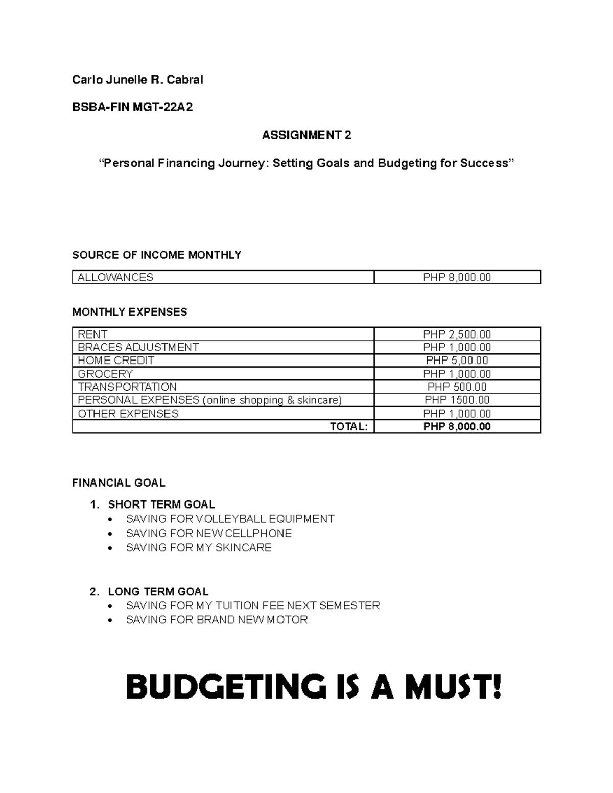 Budgeting - Carlo Junelle R. Cabral BSBA-FIN MGT-22A ASSIGNMENT 2 ...