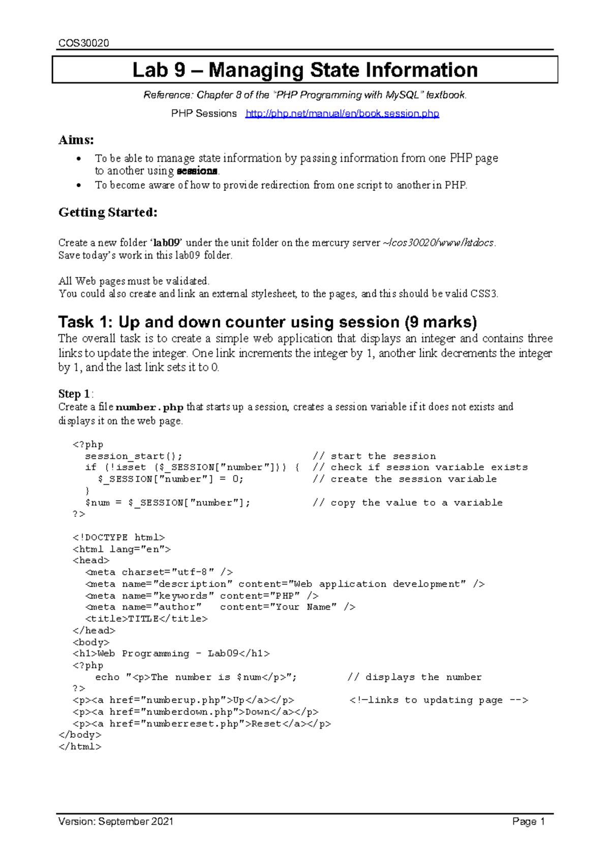 Lab 09 - lab 9 - COS30 020 Version: September 2021 Page 1 Lab 9 – Managing State Information ...