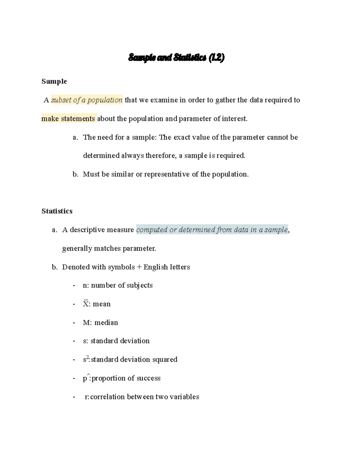 Basics of Statistics (210) Chapter 1 - Sampl an Statistic (1) Sample A ...