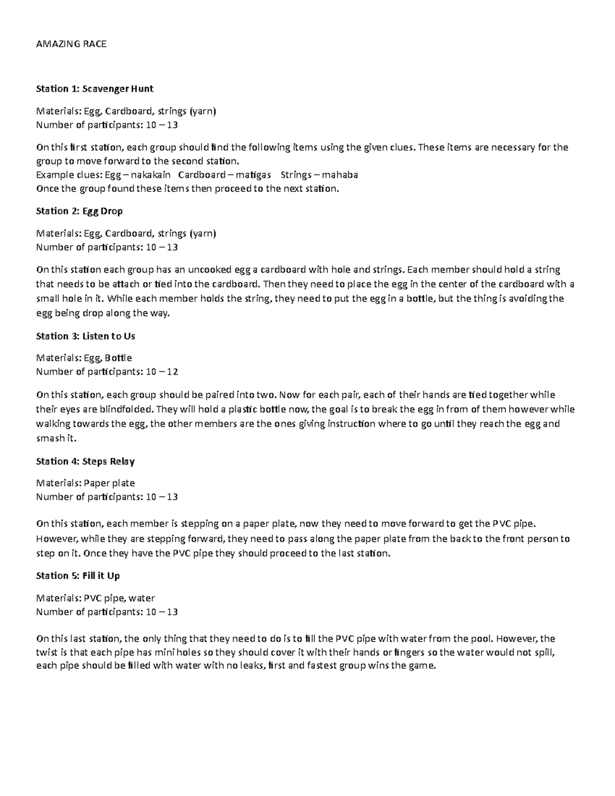 Amazing Race - rerewerwrw - AMAZING RACE Station 1: Scavenger Hunt ...