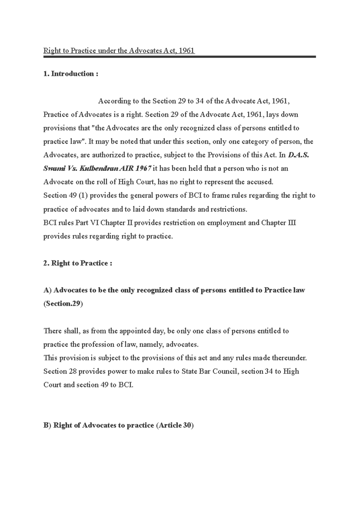 Right to Practice under the Advocates Act - Section 29 of the Advocate ...