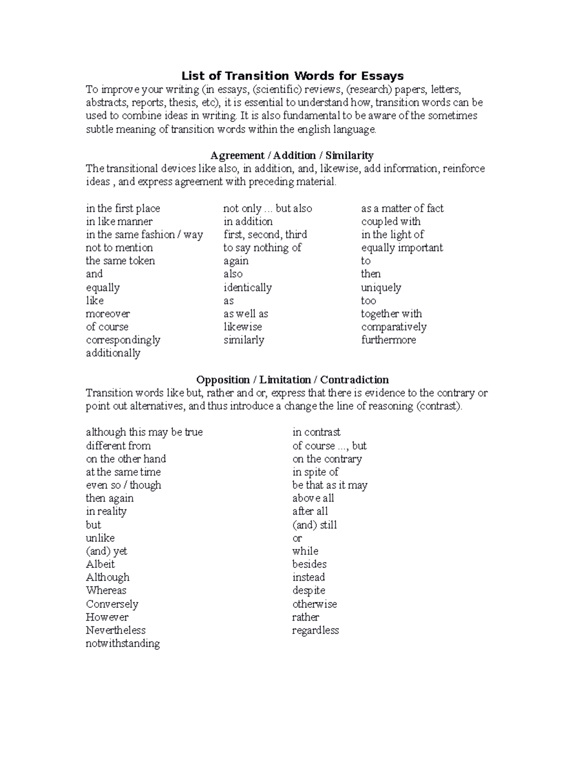 List Of Transition Words For Essays