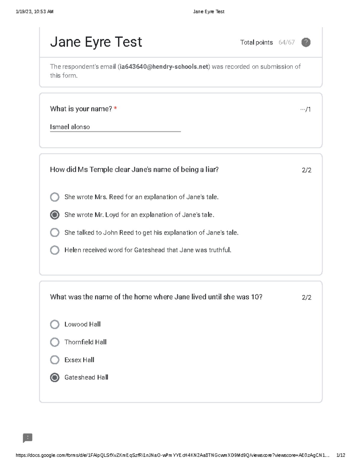 Jane Eyre Test - test on jane eyre after we read the book - ···/ Ismael ...