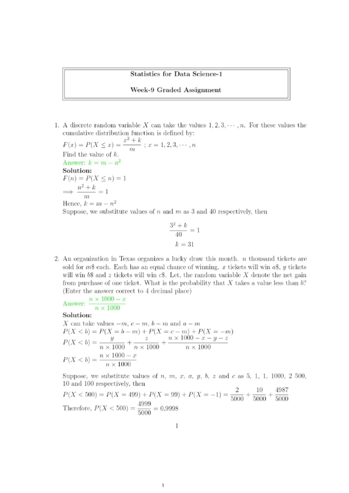 Week 9-GA statistics - good - Statistics for Data Graded Assignment 1 ...