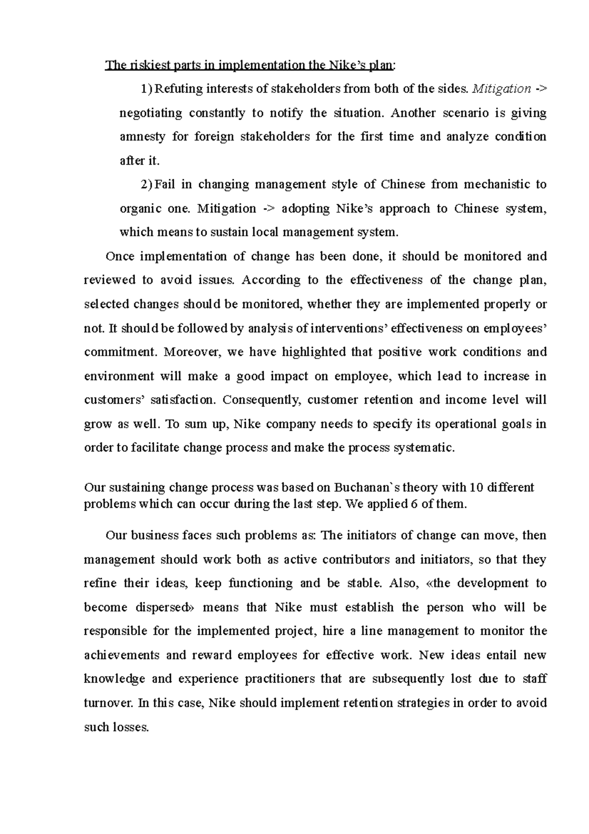 Change - The riskiest parts in implementation the Nike’s plan: 1 ...