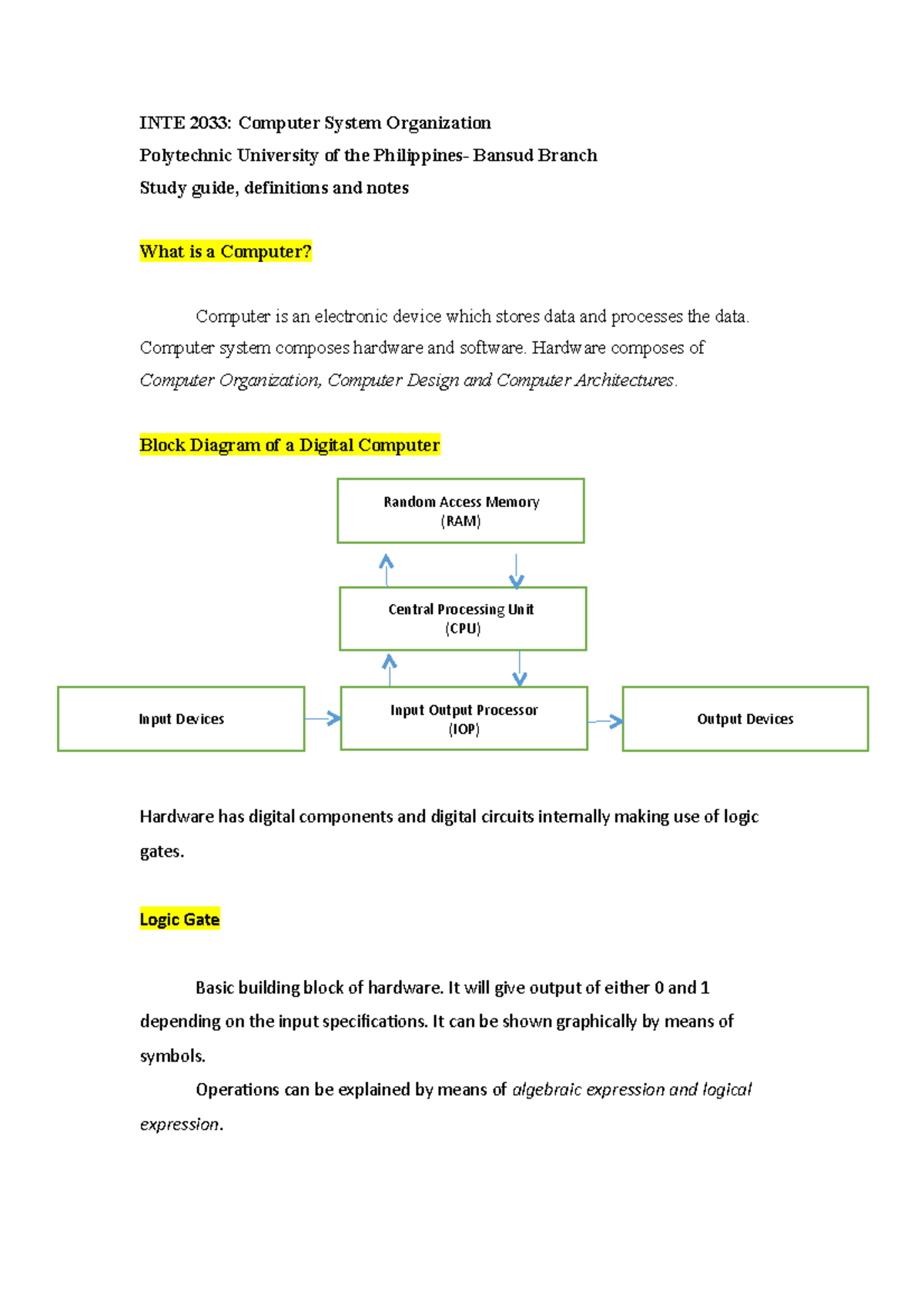 Computer Organization AND Architecture Part 1 - INTE 2033: Computer ...