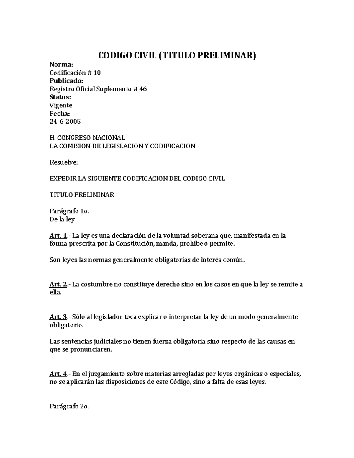 Código Civil Ecuatoriano - CODIGO CIVIL (TITULO PRELIMINAR) Norma ...