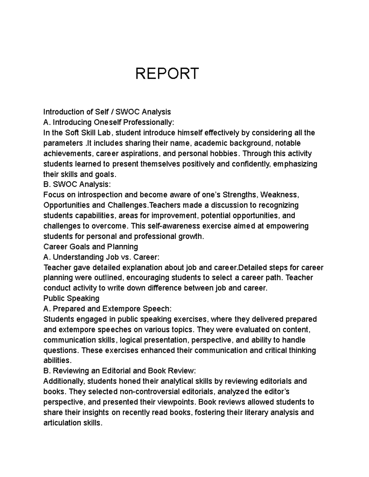 Introduction of Self SWOC Analysis - REPORT Introduction of Self / SWOC ...