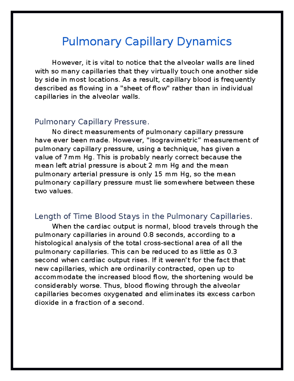 Pulmonary Capillary Dynamics - Human Physiology - Studocu