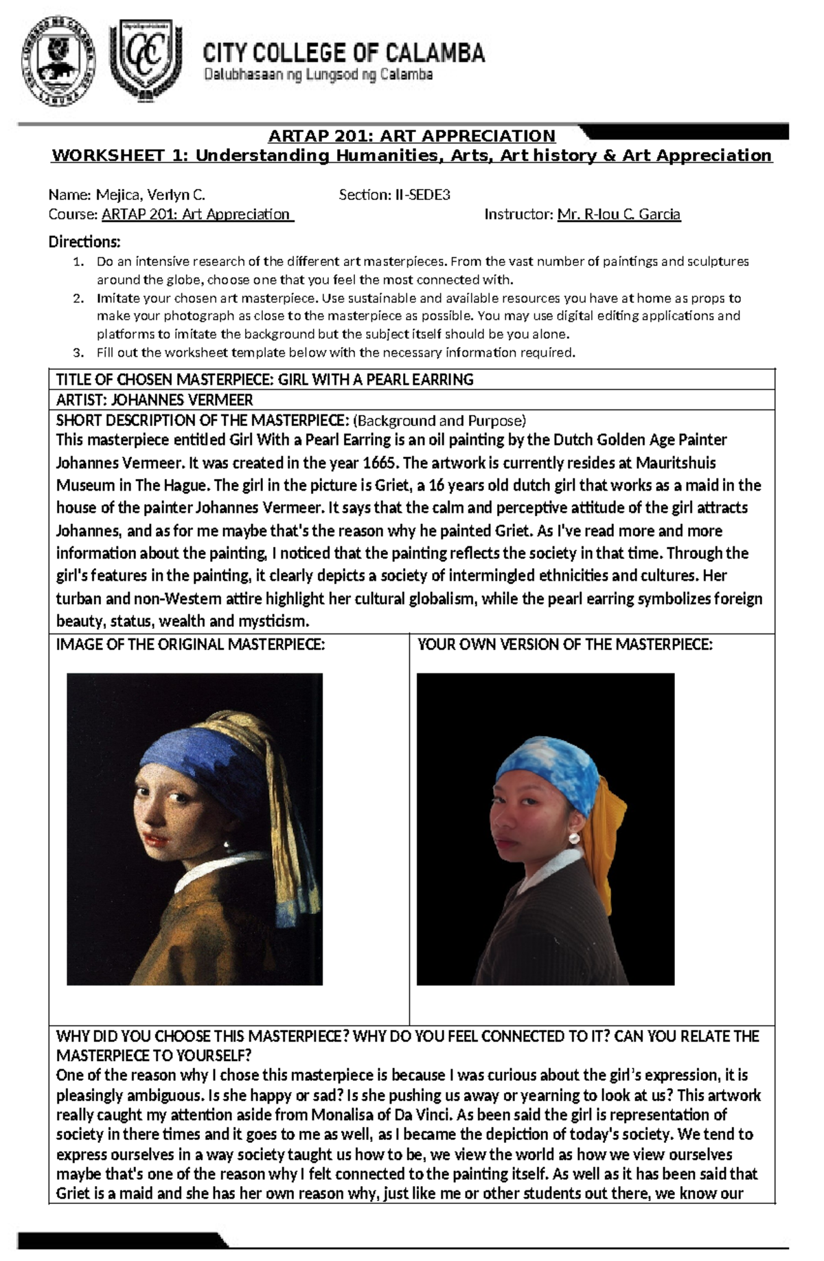 THIS PAPER IS AN OUTPUT OF A STUDENT - ARTAP 201: ART APPRECIATION ...