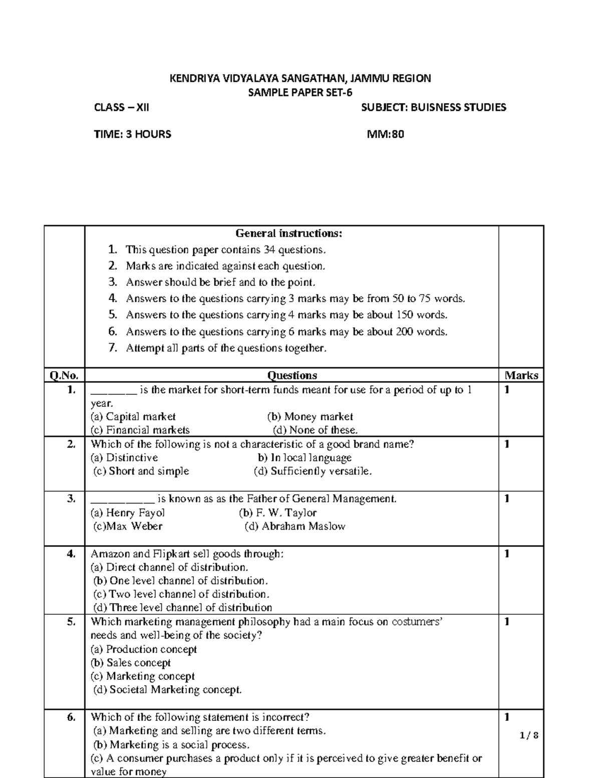 QP BST 6 - bst - 1 / 8 KENDRIYA VIDYALAYA SANGATHAN, JAMMU REGION ...