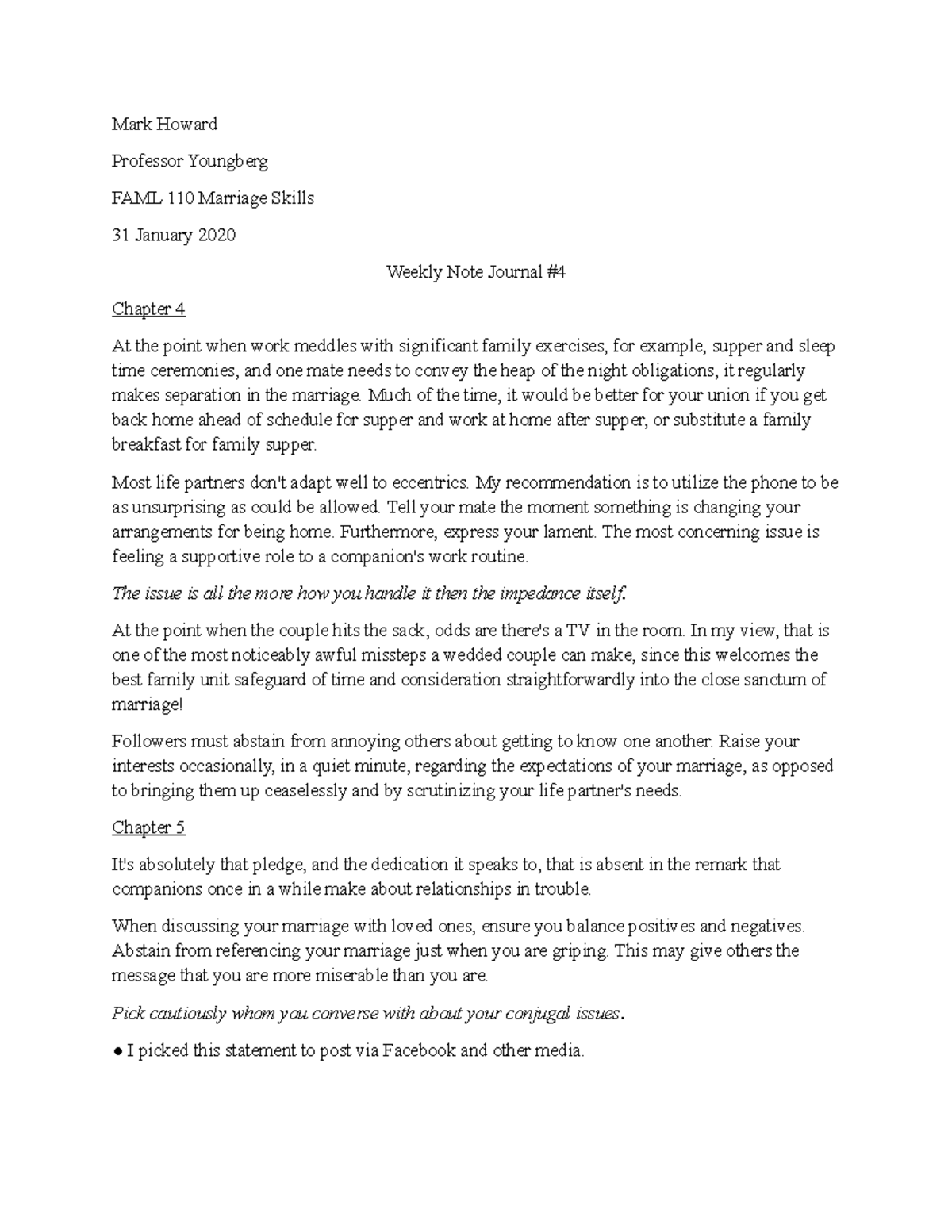 Weekly Note Journal Entry - Mark Howard Professor Youngberg FAML 110 ...