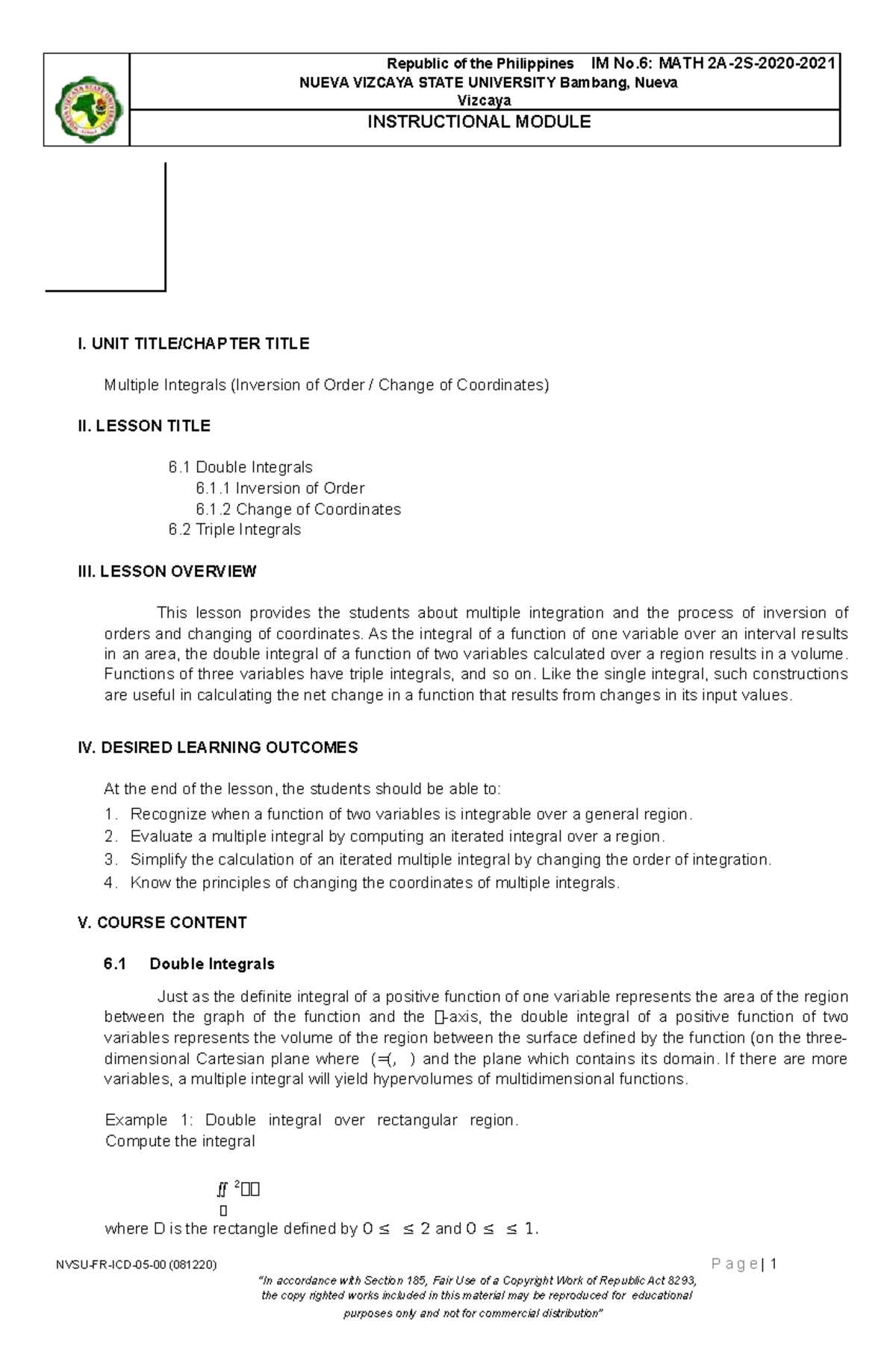 Integral Calculus IM6 - I. UNIT TITLE/CHAPTER TITLE Multiple Integrals ...