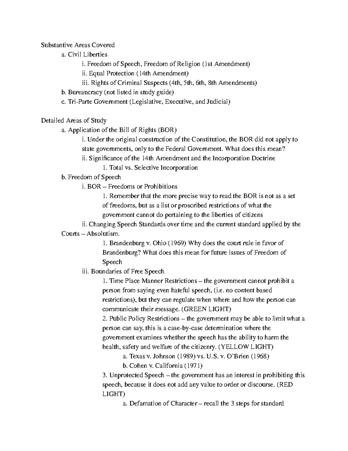 Political Science Exam Study Guide - Substantive Areas Covered a. Civil ...