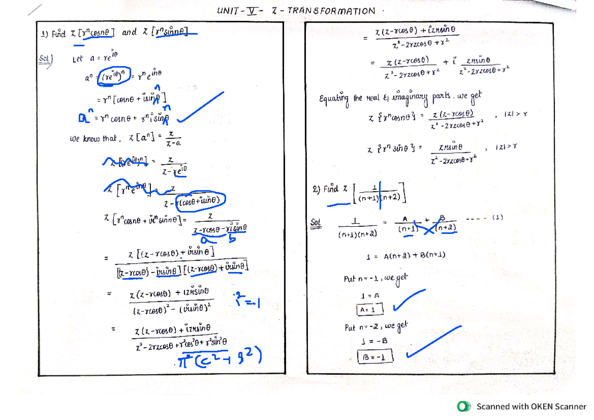TBVP Short U5 - notes - UNIT V Z TRANSFORMATION 1) Find Z and Z izroino ...
