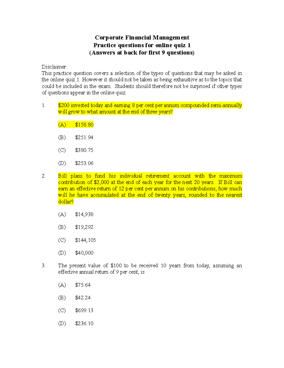 Corporate Financial Management Practice Questions for Online Quiz 1 ...