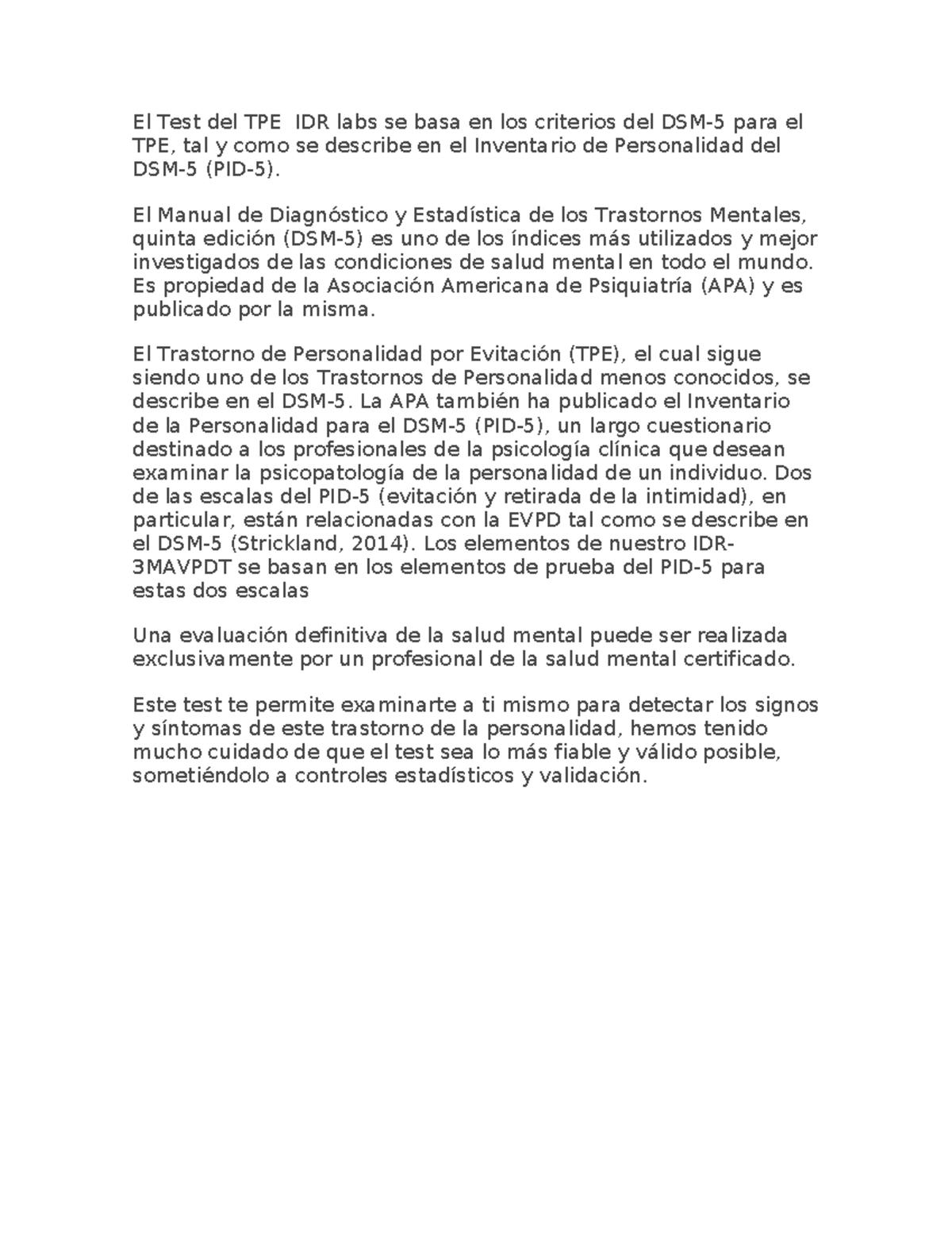 El Test del TPE IDR labs se basa en los criterios del DSM - El Manual ...