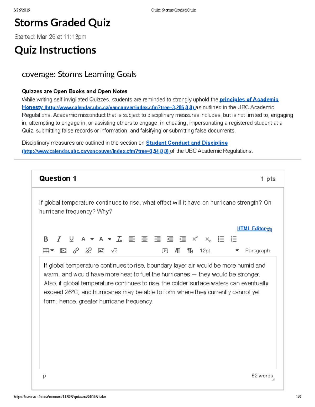 EOSC 114 Graded Quiz - STORMS - Storms Graded Quiz Started: Mar 26 at ...