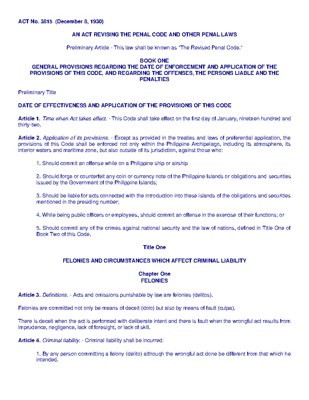 ACT No 3815 AN ACT Revising THE Penal CODE AND Other Penal LAWS ACT