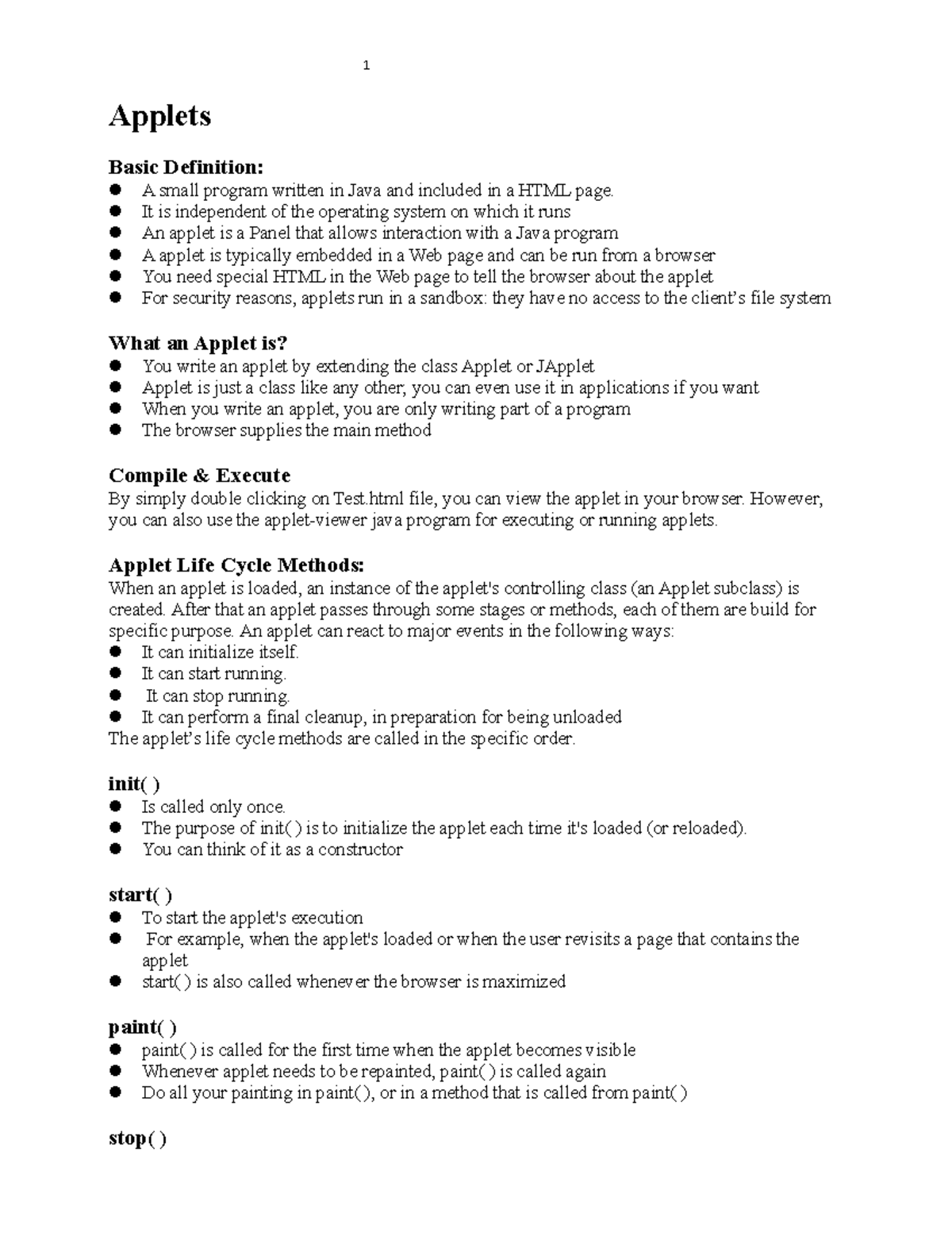 Cs506 Notes Applets Basic Definition A Small Program Written In Java
