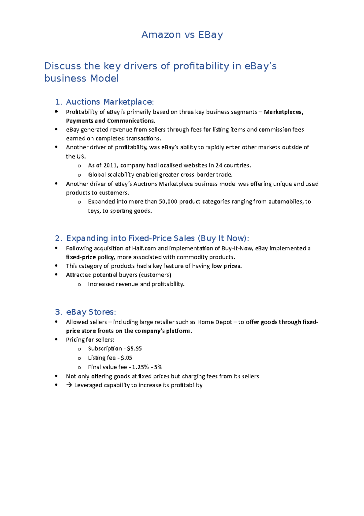 Amazon vs eBay - Notes - Amazon vs EBay Discuss the key drivers of ...
