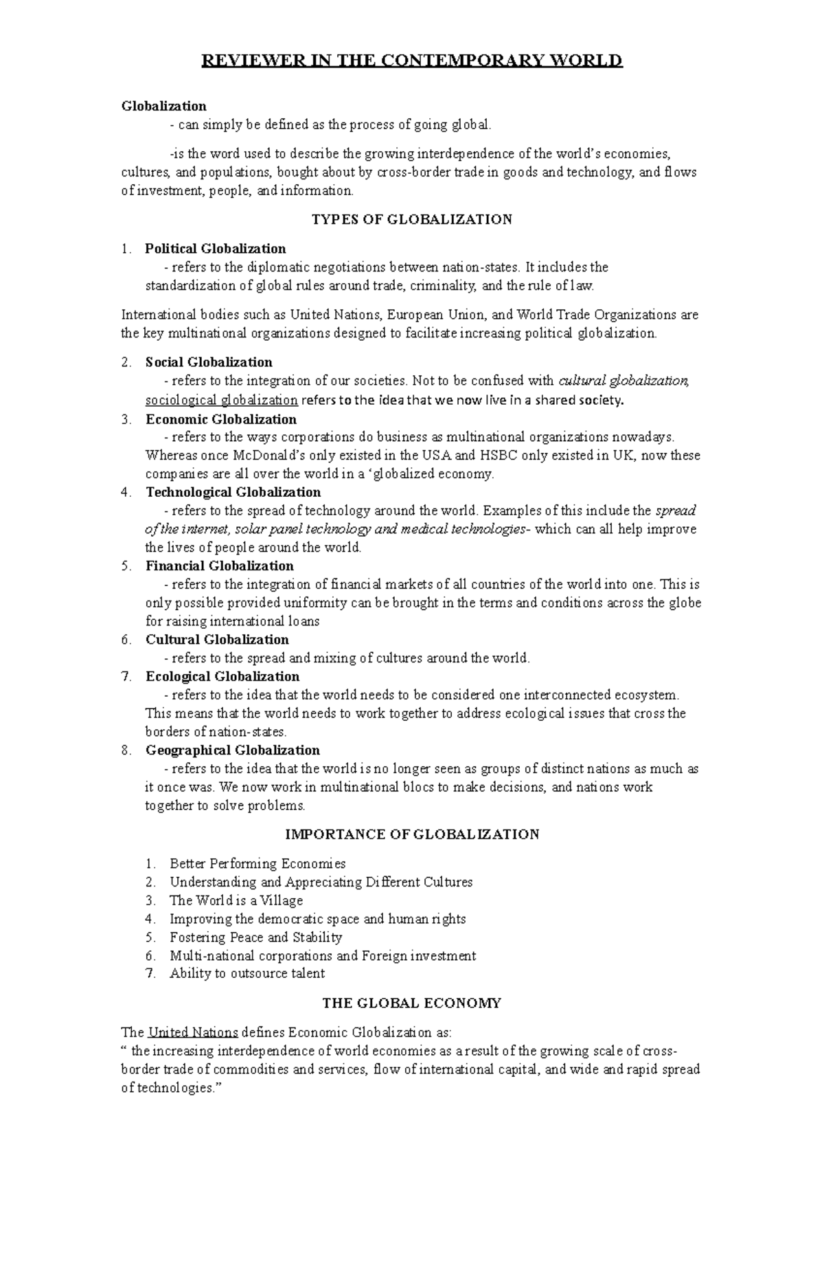 Reviewer-in-contempo - REVIEWER IN THE CONTEMPORARY WORLD Globalization ...