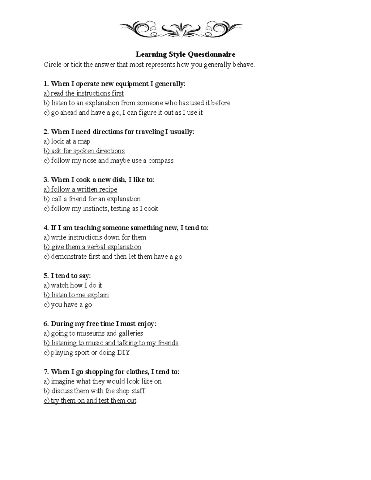 Copy of Copy of Learning Style Questionnaire - Learning Style ...