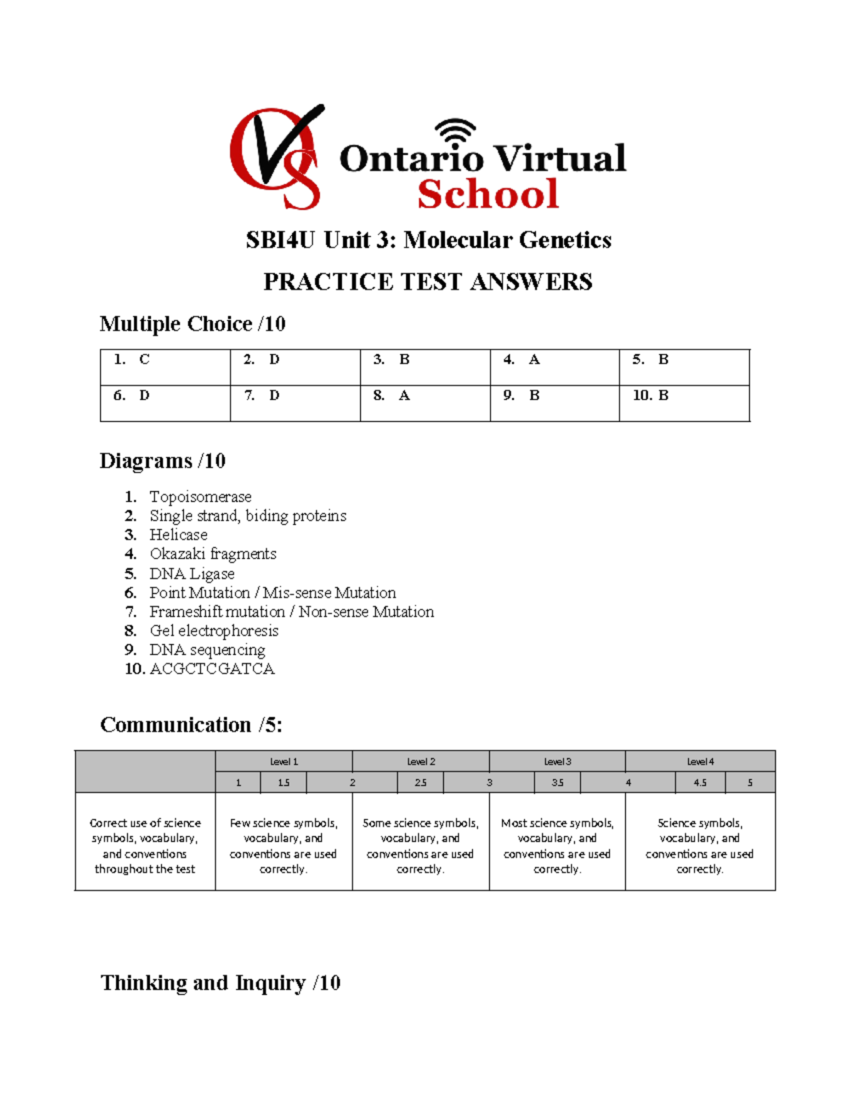 SBI4U Unit 3 Practice Test Answers - SBI4U Unit 3: Molecular Genetics ...