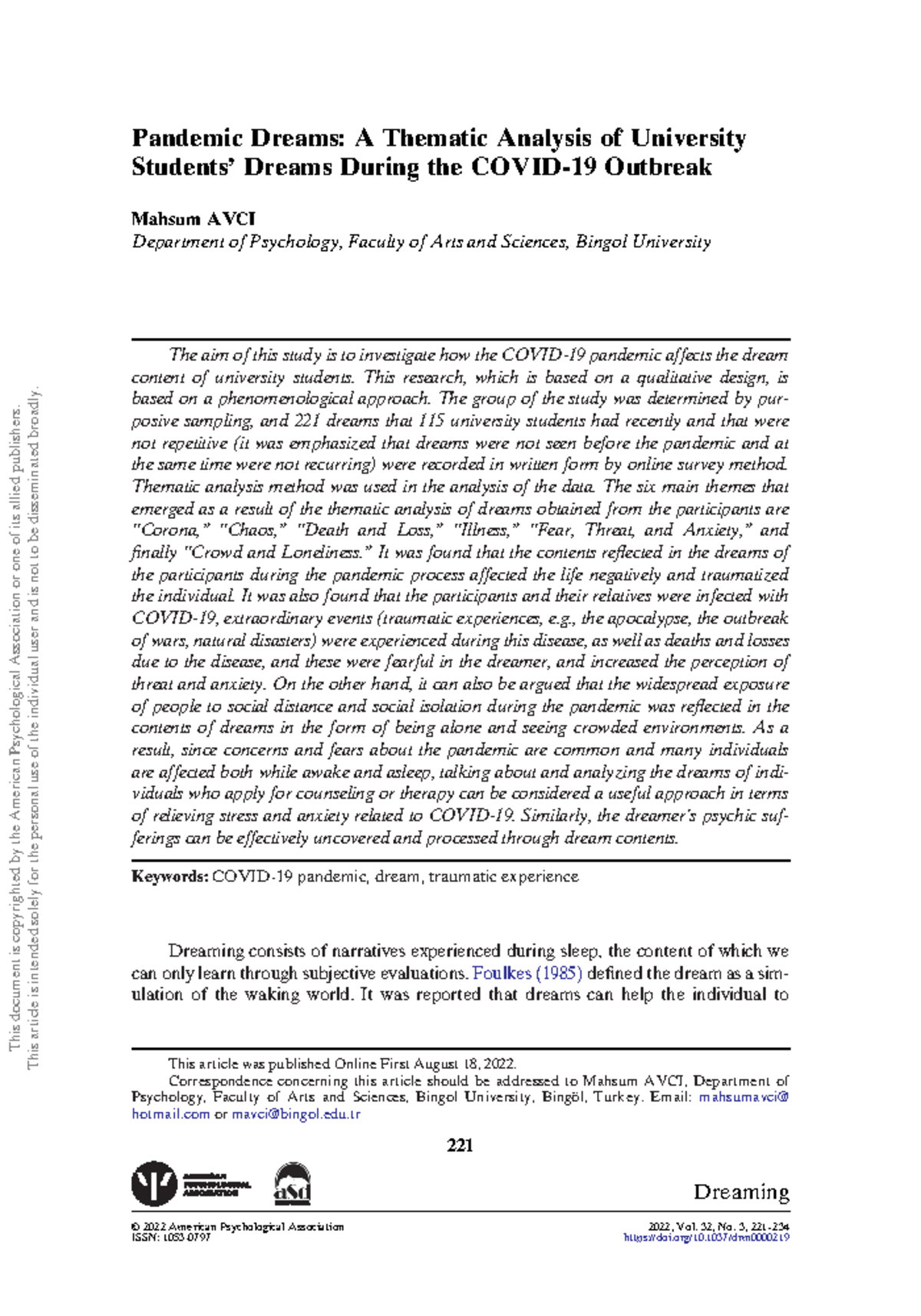 Pandemic Dreams- A Thematic Analysis of University Students' Dream ...