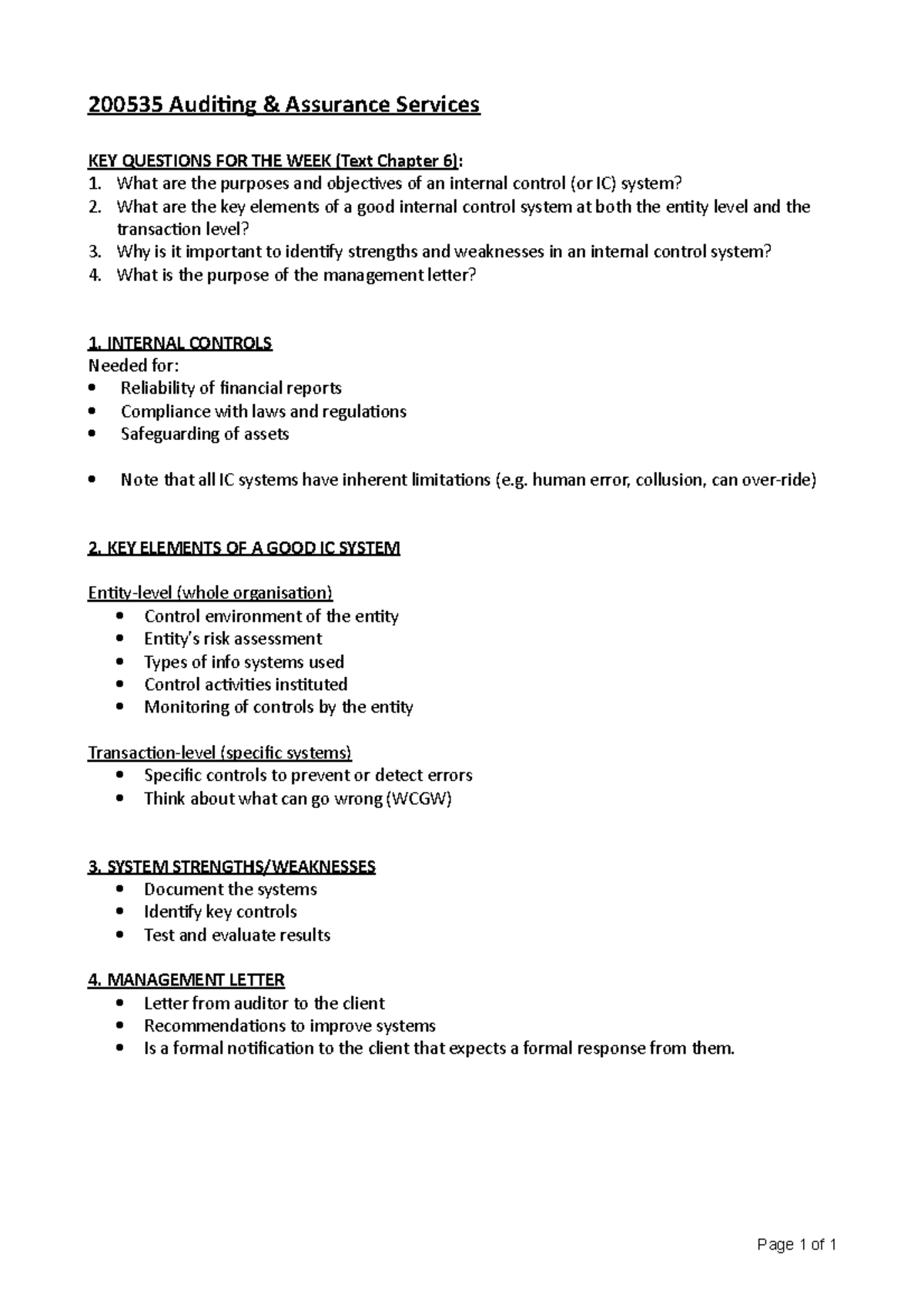 Weekly Summary Chapter 6 - 200535 Auditing & Assurance Services KEY QUESTIONS FOR THE WEEK (Text ...