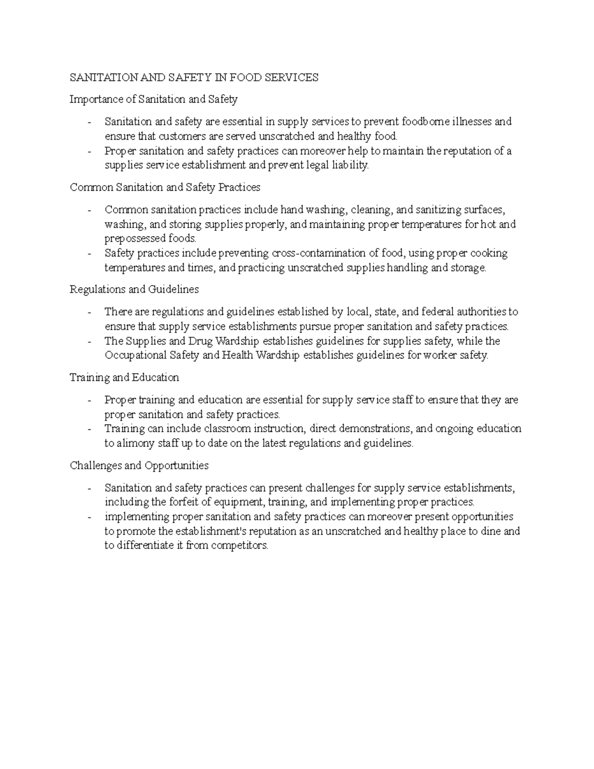 Sanitation AND Safety IN FOOD Services Notes 1 - SANITATION AND SAFETY ...