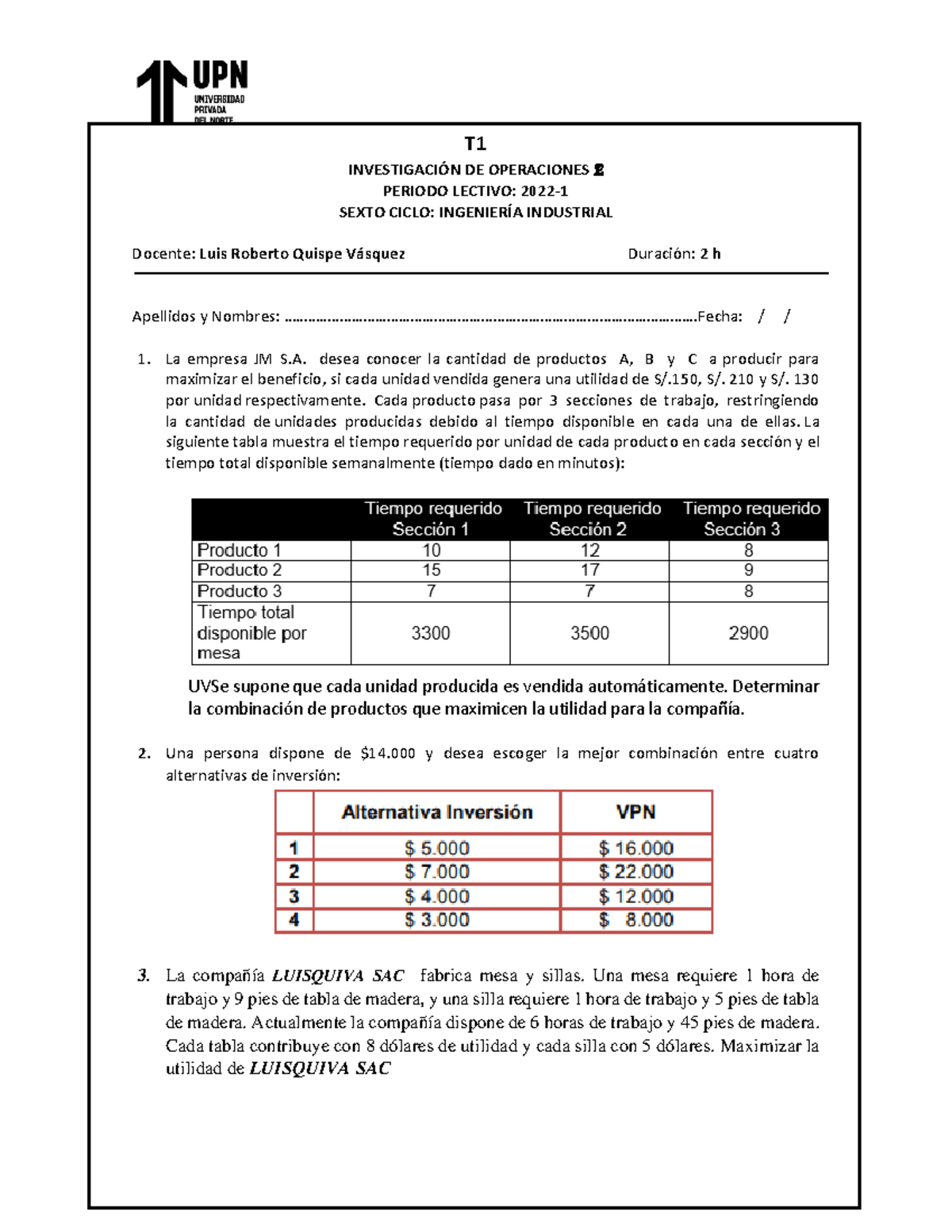 T1 - Ejercicios resueltos - T INVESTIGACI”N DE OPERACIONES 2 PERIODO LECTIVO: 2022- SEXTO CICLO ...