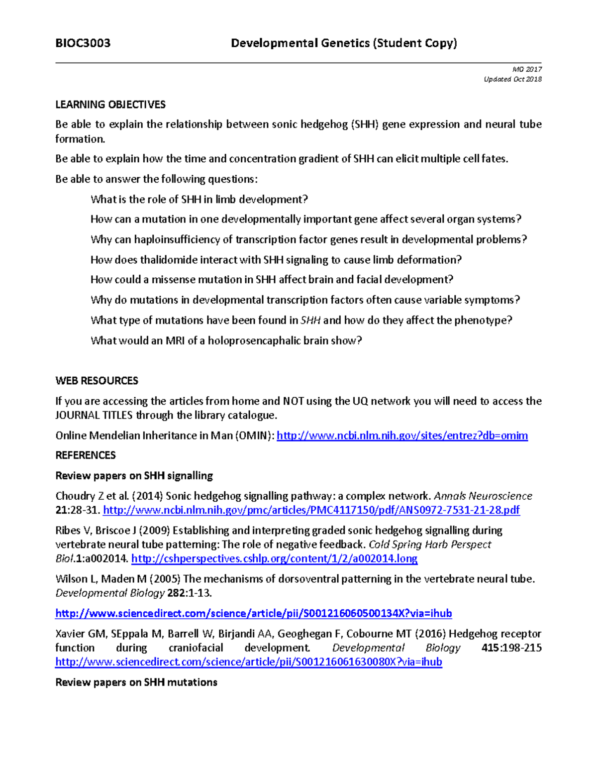 PBL 1 Developmental genetics - BIOC3003 Developmental Genetics (Student ...