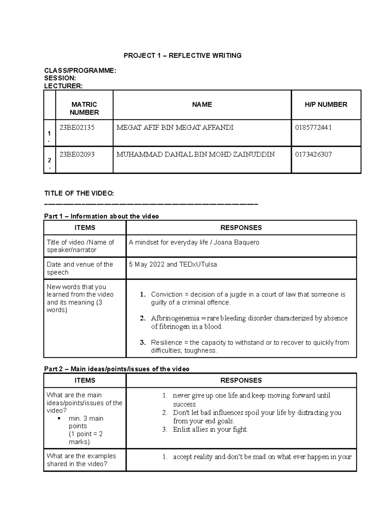 writing skill and video - PROJECT 1 – REFLECTIVE WRITING CLASS ...